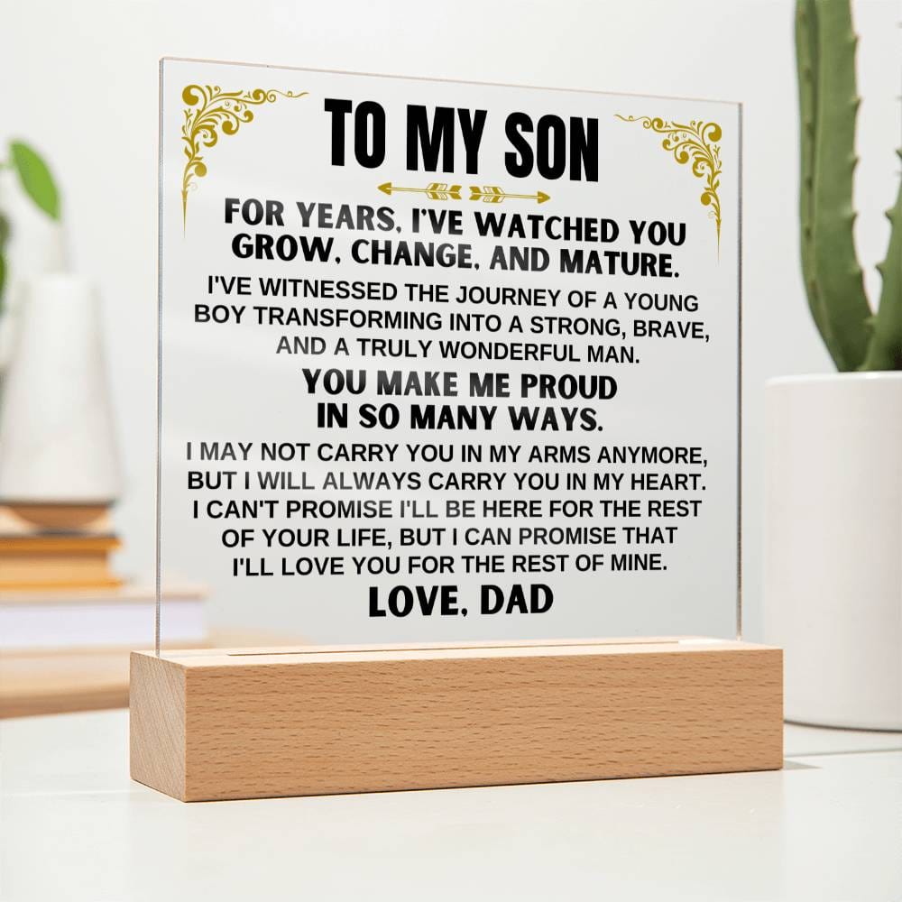 Unique Gift for Son from Dad - Acrylic Plaque with LED-Lit Wooden Base ...
