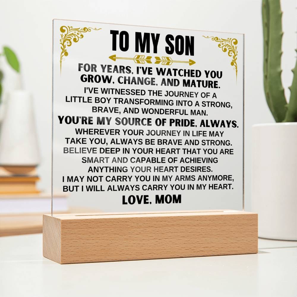 Unique Gift for Son from Mom - Acrylic Plaque with LED-Lit Wooden Base ...